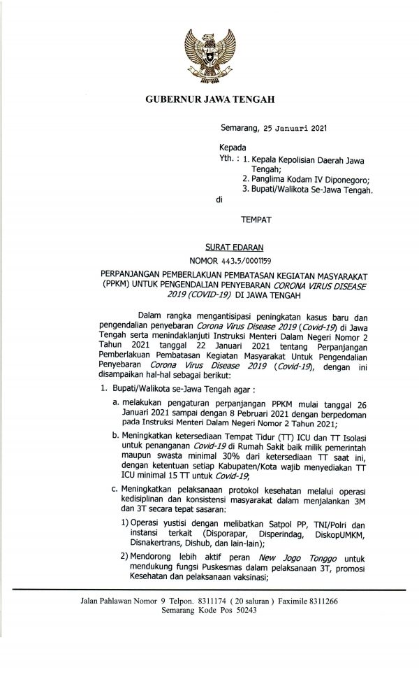 Surat Edaran Gubernur Jawa tengah tentang Perpanjangan Pengetatan Secara Terbatas Kegiatan ...